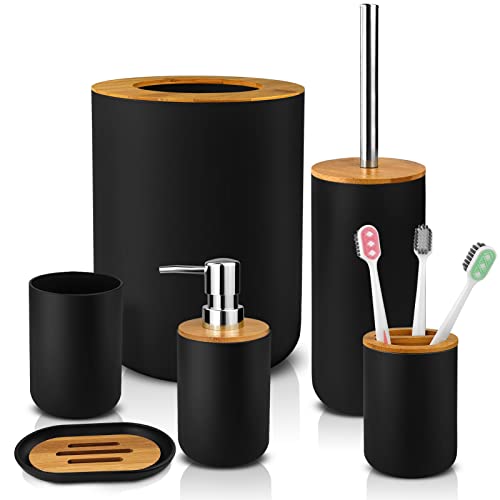 Hommtina Bamboo Bathroom Accessory Set, 6 Pcs bathroom essential Includes Toothbrush Cup, Toothbrush Holder, Soap Dispenser, Soap Dish, Toilet Brush with Holder, Trash Can, with 3 Toothbrushes (Black)