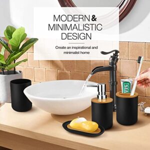 Hommtina Bamboo Bathroom Accessory Set, 6 Pcs bathroom essential Includes Toothbrush Cup, Toothbrush Holder, Soap Dispenser, Soap Dish, Toilet Brush with Holder, Trash Can, with 3 Toothbrushes (Black)