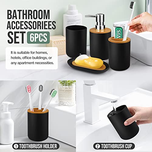 Hommtina Bamboo Bathroom Accessory Set, 6 Pcs bathroom essential Includes Toothbrush Cup, Toothbrush Holder, Soap Dispenser, Soap Dish, Toilet Brush with Holder, Trash Can, with 3 Toothbrushes (Black)