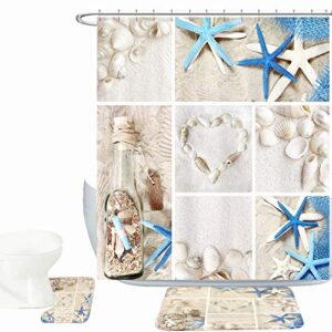 amagical blue starfish seashell conch 3 piece shower curtain bathroom mat set wishing bottle love stone design bath mat + contour mat + shower curtain + 12 hooks