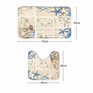 Amagical Blue Starfish Seashell Conch 3 Piece Shower Curtain Bathroom Mat Set Wishing Bottle Love Stone Design Bath Mat + Contour Mat + Shower Curtain + 12 Hooks