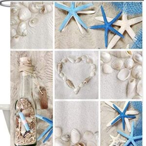 Amagical Blue Starfish Seashell Conch 3 Piece Shower Curtain Bathroom Mat Set Wishing Bottle Love Stone Design Bath Mat + Contour Mat + Shower Curtain + 12 Hooks