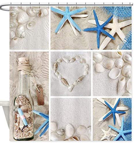 Amagical Blue Starfish Seashell Conch 3 Piece Shower Curtain Bathroom Mat Set Wishing Bottle Love Stone Design Bath Mat + Contour Mat + Shower Curtain + 12 Hooks