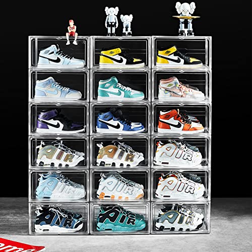 12 Pack Shoe Boxes, Clear Acrylic Stackable Plastic Sneaker Box Container, Magnetic Side Open Shoe Organizer Case For Man and Women (Transparency-12Pack-Side)