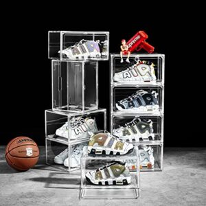 12 Pack Shoe Boxes, Clear Acrylic Stackable Plastic Sneaker Box Container, Magnetic Side Open Shoe Organizer Case For Man and Women (Transparency-12Pack-Side)