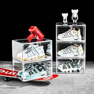 12 Pack Shoe Boxes, Clear Acrylic Stackable Plastic Sneaker Box Container, Magnetic Side Open Shoe Organizer Case For Man and Women (Transparency-12Pack-Side)