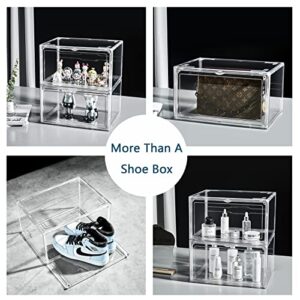 12 Pack Shoe Boxes, Clear Acrylic Stackable Plastic Sneaker Box Container, Magnetic Side Open Shoe Organizer Case For Man and Women (Transparency-12Pack-Side)