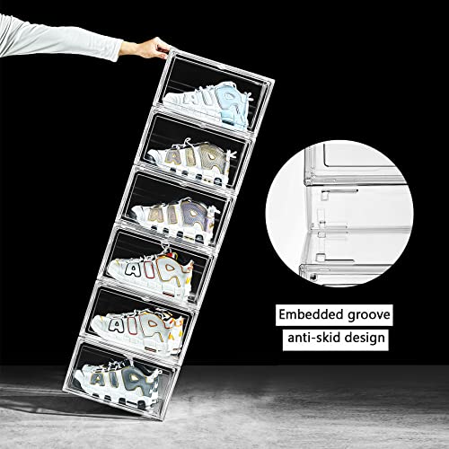 12 Pack Shoe Boxes, Clear Acrylic Stackable Plastic Sneaker Box Container, Magnetic Side Open Shoe Organizer Case For Man and Women (Transparency-12Pack-Side)