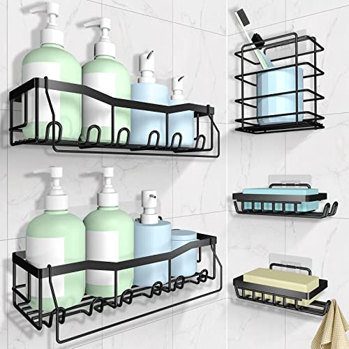 MEINV 5 Packs Shower Caddy Shelves, Black Self Adhesive Shower Shelf Organizer with Hooks and Towel Rod, Wall Mounted Rustproof Stainless Steel Inside Shower Racks No Drilling for Bathroom Kitchen