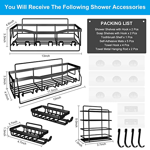 MEINV 5 Packs Shower Caddy Shelves, Black Self Adhesive Shower Shelf Organizer with Hooks and Towel Rod, Wall Mounted Rustproof Stainless Steel Inside Shower Racks No Drilling for Bathroom Kitchen