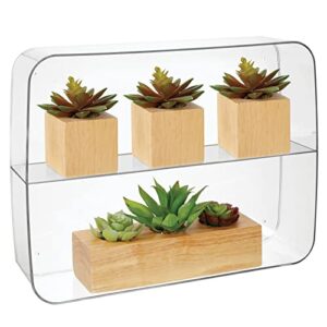 mDesign Plastic Wall Mount Display Organizer Holder, 2 Tier - Protect, Store and Show Off Small Collectibles, Figurines, Mugs, Succulent Plants - Create Additional Storage in Bathroom, Nursery - Clear