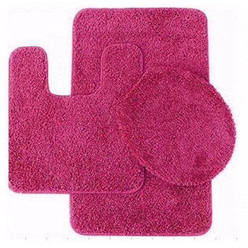 GorgeousHomeLinen 3-Piece Hot Pink Fuchsia #6 Bathroom Set Bath Mat, Contour, and Toilet Lid Cover, with Rubber Backing