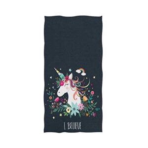 naanle beautiful unicorn flowers pattern soft bath towel highly absorbent guest hand towels multipurpose for bathroom, hotel, gym and spa (16 x 30 inches,black)