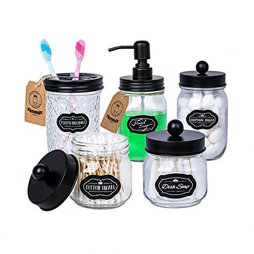 Mason Jar Bathroom Accessories Set 5 Pcs-Bathroom Sets Includes Foaming Mason Jar Soap Dispenser, Toothbrush Holder, 3 Apothecary Jars, for Country Countertop Rustic Farmhouse Decor Organizer (Black)