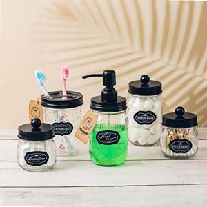 Mason Jar Bathroom Accessories Set 5 Pcs-Bathroom Sets Includes Foaming Mason Jar Soap Dispenser, Toothbrush Holder, 3 Apothecary Jars, for Country Countertop Rustic Farmhouse Decor Organizer (Black)