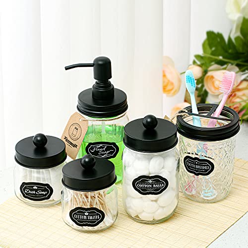 Mason Jar Bathroom Accessories Set 5 Pcs-Bathroom Sets Includes Foaming Mason Jar Soap Dispenser, Toothbrush Holder, 3 Apothecary Jars, for Country Countertop Rustic Farmhouse Decor Organizer (Black)