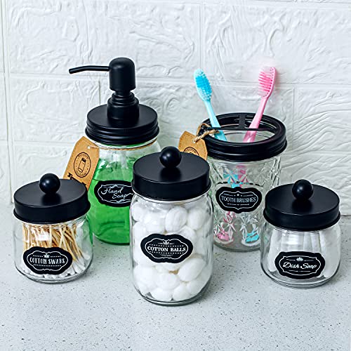 Mason Jar Bathroom Accessories Set 5 Pcs-Bathroom Sets Includes Foaming Mason Jar Soap Dispenser, Toothbrush Holder, 3 Apothecary Jars, for Country Countertop Rustic Farmhouse Decor Organizer (Black)