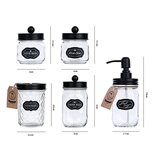 Mason Jar Bathroom Accessories Set 5 Pcs-Bathroom Sets Includes Foaming Mason Jar Soap Dispenser, Toothbrush Holder, 3 Apothecary Jars, for Country Countertop Rustic Farmhouse Decor Organizer (Black)