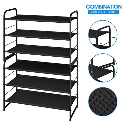 Simple Trending 2 Pack 3-Tier Stackable Shoe Rack, Expandable & Adjustable Fabric Shoe Shelf Storage Organizer, Black