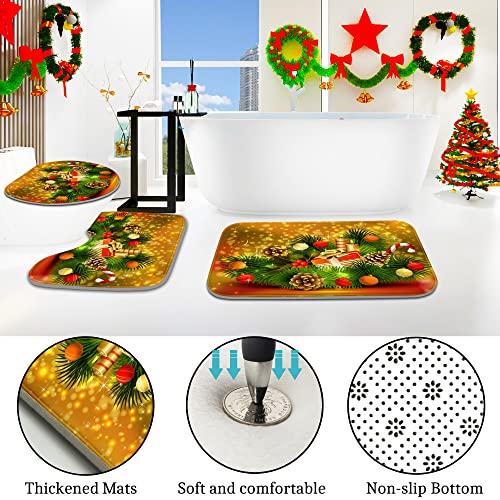 ENYORSEL Christmas Bathroom Set, Shower Curtain Sets with Rugs Incl Shower Curtain with 12 Hooks, Soft Non-Slip Bath Mat, Toilet U-Shaped Floor Mat and Toilet Lid Cover Mat for Bathroom Decor