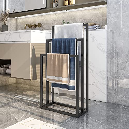 3 Tiers Black Metal Towel Rack Chrome Tall Industrial Modern Freestanding Towel Holder for Bathroom Accessories Organizer for Bathroom Storage & Hand Towels,Washcloths,Next to Tub or Shower