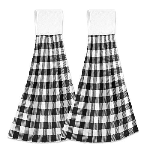 Vnurnrn Black and White Buffalo Check Plaid Hanging Tie Towels Absorbent Hand Towel with Hook & Loop for Kitchen Bathroom 2 Pieces