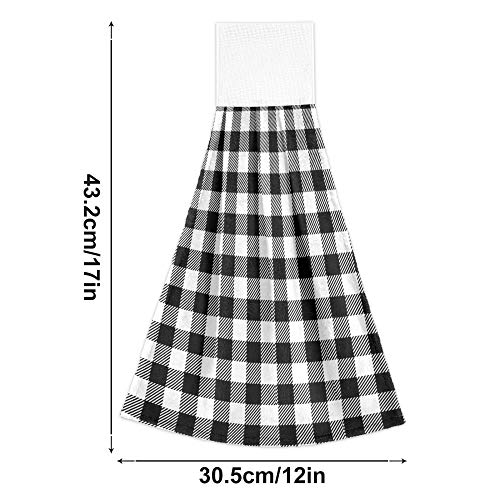 Vnurnrn Black and White Buffalo Check Plaid Hanging Tie Towels Absorbent Hand Towel with Hook & Loop for Kitchen Bathroom 2 Pieces