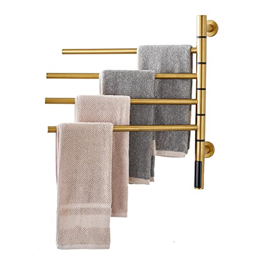 EWDPHW Electric Heated Towel Rack Gold for Bathroom, Rotatable Towel Rack with Timer, 80W Wall Mounted Towel Warmer Racks, 304 Stainless Steel Heated Towel Rail, Plug in