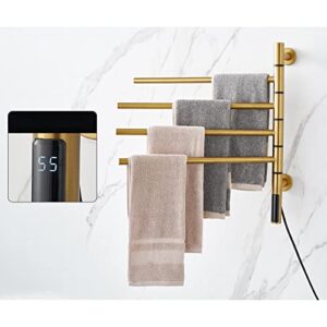 EWDPHW Electric Heated Towel Rack Gold for Bathroom, Rotatable Towel Rack with Timer, 80W Wall Mounted Towel Warmer Racks, 304 Stainless Steel Heated Towel Rail, Plug in