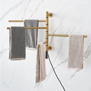 EWDPHW Electric Heated Towel Rack Gold for Bathroom, Rotatable Towel Rack with Timer, 80W Wall Mounted Towel Warmer Racks, 304 Stainless Steel Heated Towel Rail, Plug in