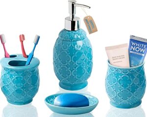 designer 4-piece bathroom accessory set – ceramic bath set w/liquid soap or lotion dispenser, toothbrush holder, tumbler and soap dish – decorative set w/embossed details – modern vanity accessories