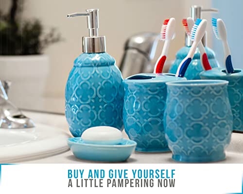 Designer 4-Piece Bathroom Accessory Set – Ceramic Bath Set w/Liquid Soap or Lotion Dispenser, Toothbrush Holder, Tumbler and Soap Dish – Decorative Set w/Embossed Details – Modern Vanity Accessories