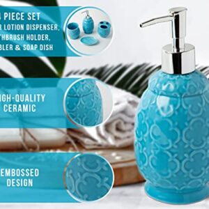 Designer 4-Piece Bathroom Accessory Set – Ceramic Bath Set w/Liquid Soap or Lotion Dispenser, Toothbrush Holder, Tumbler and Soap Dish – Decorative Set w/Embossed Details – Modern Vanity Accessories