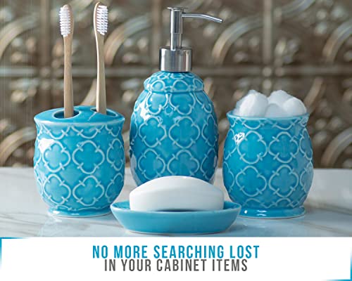 Designer 4-Piece Bathroom Accessory Set – Ceramic Bath Set w/Liquid Soap or Lotion Dispenser, Toothbrush Holder, Tumbler and Soap Dish – Decorative Set w/Embossed Details – Modern Vanity Accessories