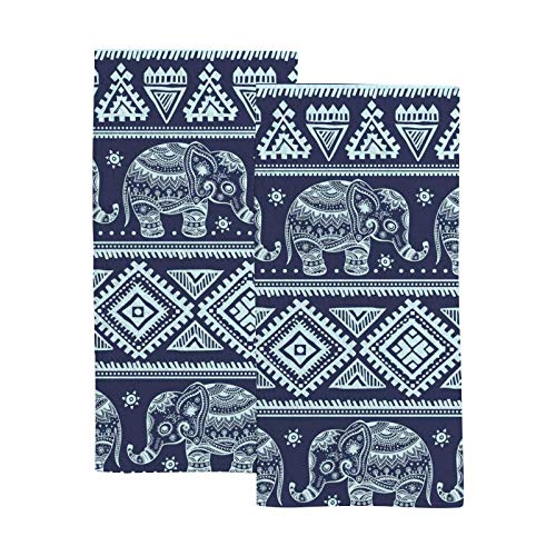 Vantaso Bath Hand Towels Set of 2 Vintage Ethnic Elephants，Soft Absorbent Washcloths Towel for Bathroom Kitchen Hotel Gym Spa