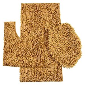 daniel's bath & beyond 3 piece bath set with 20" x 32" bath mat, 20" x 20" contour mat and 20" x 18" lid, chenille/shiny gold