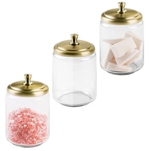 mdesign small modern apothecary storage organizer canister jars - glass containers for bathroom, organization holder for vanity, counter, makeup table, hyde collection, 3 pack, clear/soft brass