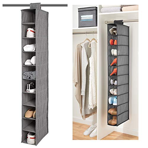 10 Shelf Hanging Shoe Organizer, Shoe Holder for Closet -Breathable Fabric Closet Shoe Organizer Hanging Shoe Storage Hanging Shoes Sorter Shelves Rack for Shoes,Closet and Baby things,1 Pack,Grey