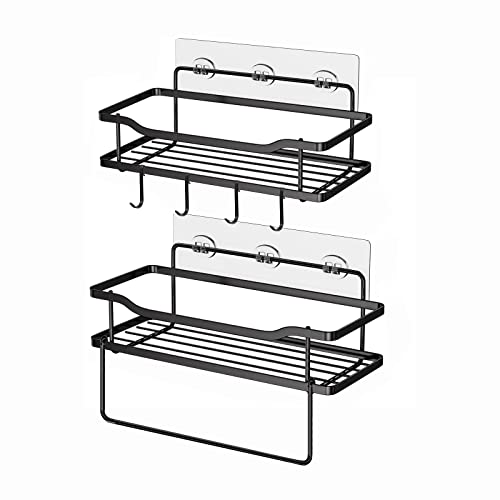 ELUBOIDG Shower Caddy,2 Pack Adhesive Shower Shelf,No Drilling Stainless Steel Shower Organizer with 4 Hooks and 1 Towel Rack,Hanging Bathroom Shelves for Inside Shower & Kitchen Storage (Matte Black)