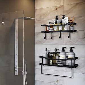 ELUBOIDG Shower Caddy,2 Pack Adhesive Shower Shelf,No Drilling Stainless Steel Shower Organizer with 4 Hooks and 1 Towel Rack,Hanging Bathroom Shelves for Inside Shower & Kitchen Storage (Matte Black)