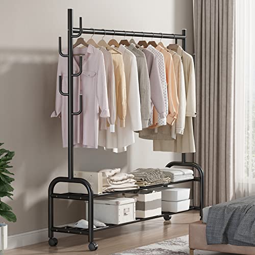 GAMNOF Clothes Rack with Wheels Clothing Racks for Hanging Clothes Garment Rack with Two Shelves and 7 Side Hooks Metal Rolling Rack for Clothes Hats Bags and etc Storage and Organizer