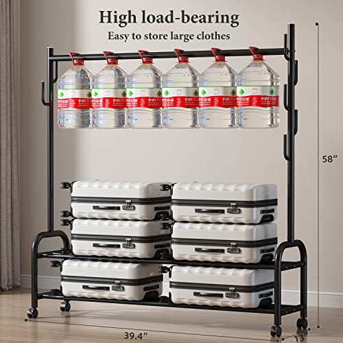 GAMNOF Clothes Rack with Wheels Clothing Racks for Hanging Clothes Garment Rack with Two Shelves and 7 Side Hooks Metal Rolling Rack for Clothes Hats Bags and etc Storage and Organizer