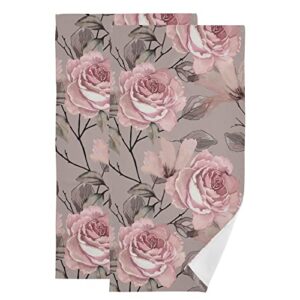 juama vintage pink rose flowers grey leaf retro floral hand towels 2-pack fingertip towels absorbent hand towels for bathroom decorative set lightweight bath towels 28x14 inches