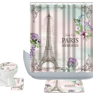 amagical paris memories eiffel tower pattern 16 piece bathroom mat set shower curtain set bath mat contour mat toilet cover fabric shower curtain with 12 hooks