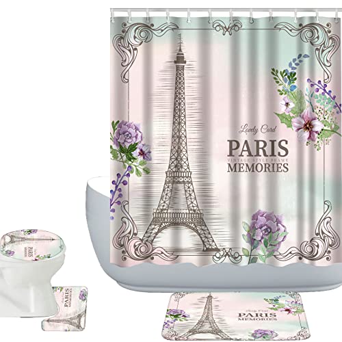 Amagical Paris Memories Eiffel Tower Pattern 16 Piece Bathroom Mat Set Shower Curtain Set Bath Mat Contour Mat Toilet Cover Fabric Shower Curtain with 12 Hooks