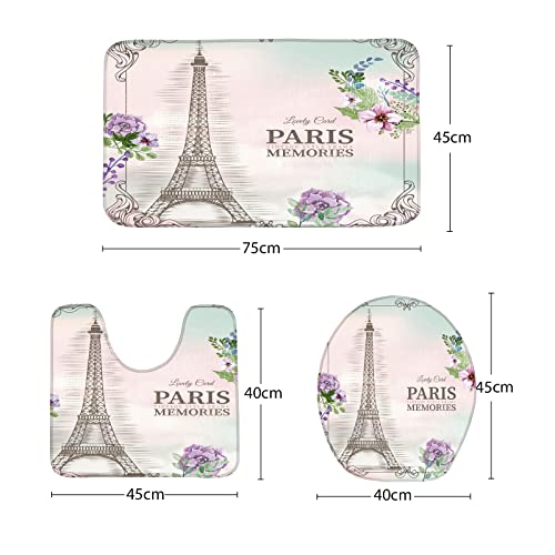 Amagical Paris Memories Eiffel Tower Pattern 16 Piece Bathroom Mat Set Shower Curtain Set Bath Mat Contour Mat Toilet Cover Fabric Shower Curtain with 12 Hooks