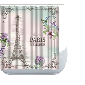 Amagical Paris Memories Eiffel Tower Pattern 16 Piece Bathroom Mat Set Shower Curtain Set Bath Mat Contour Mat Toilet Cover Fabric Shower Curtain with 12 Hooks