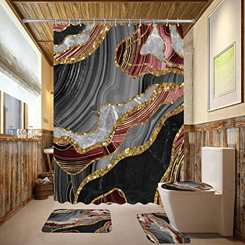 juwute Pink Marble Shower Curtain Sets with Rugs 4 Pcs, Grey Gold Abstract Ink Bathroom Sets with Shower Curtain and Rugs Accessories, Modern Shower Curtain for Bathroom Decor with 12 Hooks