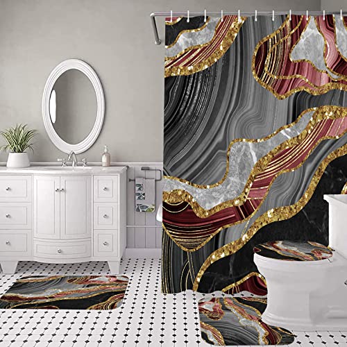 juwute Pink Marble Shower Curtain Sets with Rugs 4 Pcs, Grey Gold Abstract Ink Bathroom Sets with Shower Curtain and Rugs Accessories, Modern Shower Curtain for Bathroom Decor with 12 Hooks