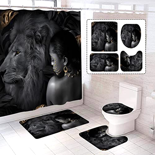 hipaopao African Woman and Lion Grey Shower Curtain Set with Non-Slip Rugs and Toilet Lid Cover Wildlife Safari Theme Fabric Shower Curtain Bathroom Decor with Hooks Waterproof Washable 72" x 72''